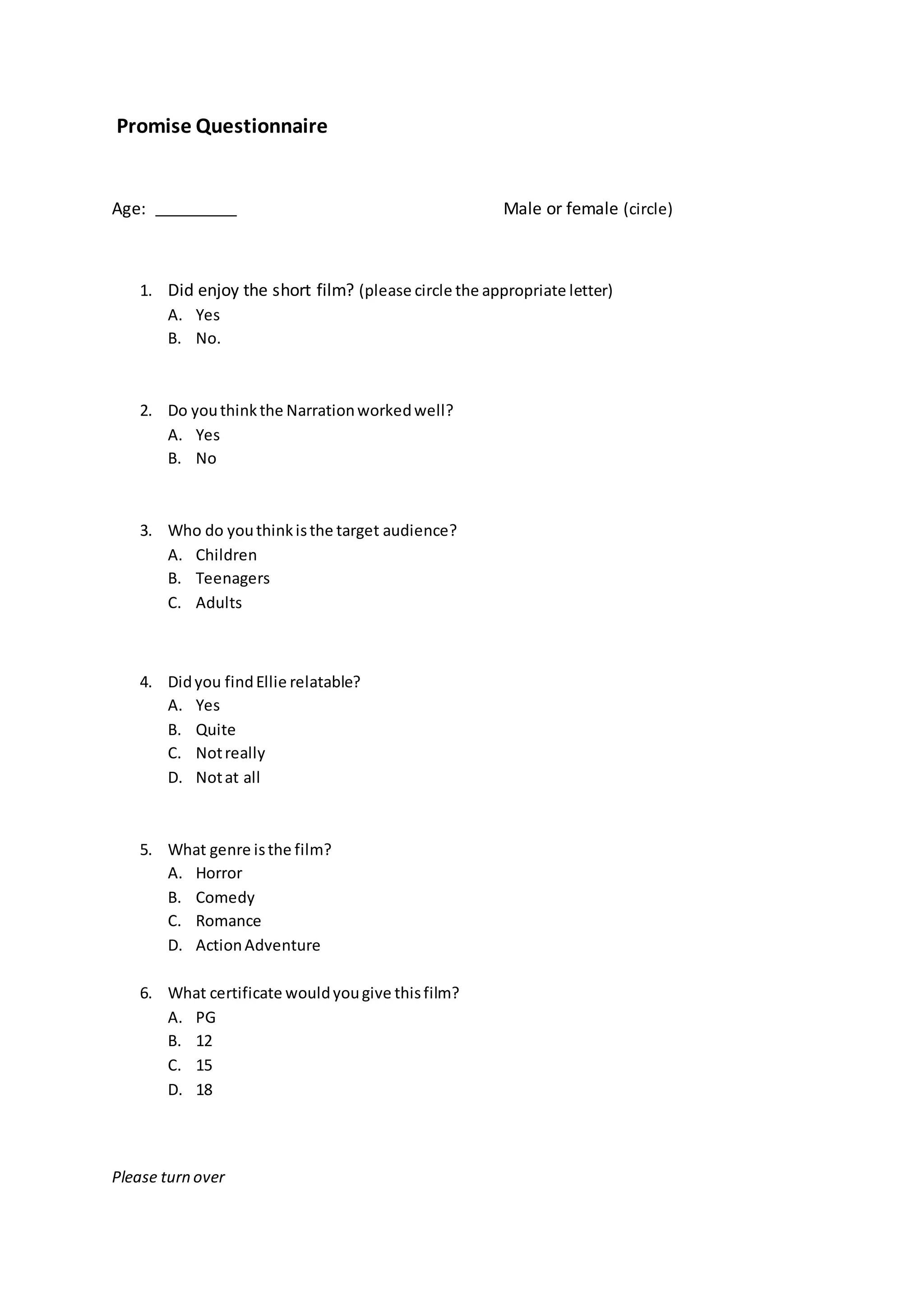 Short film questionnaire | DOCX
