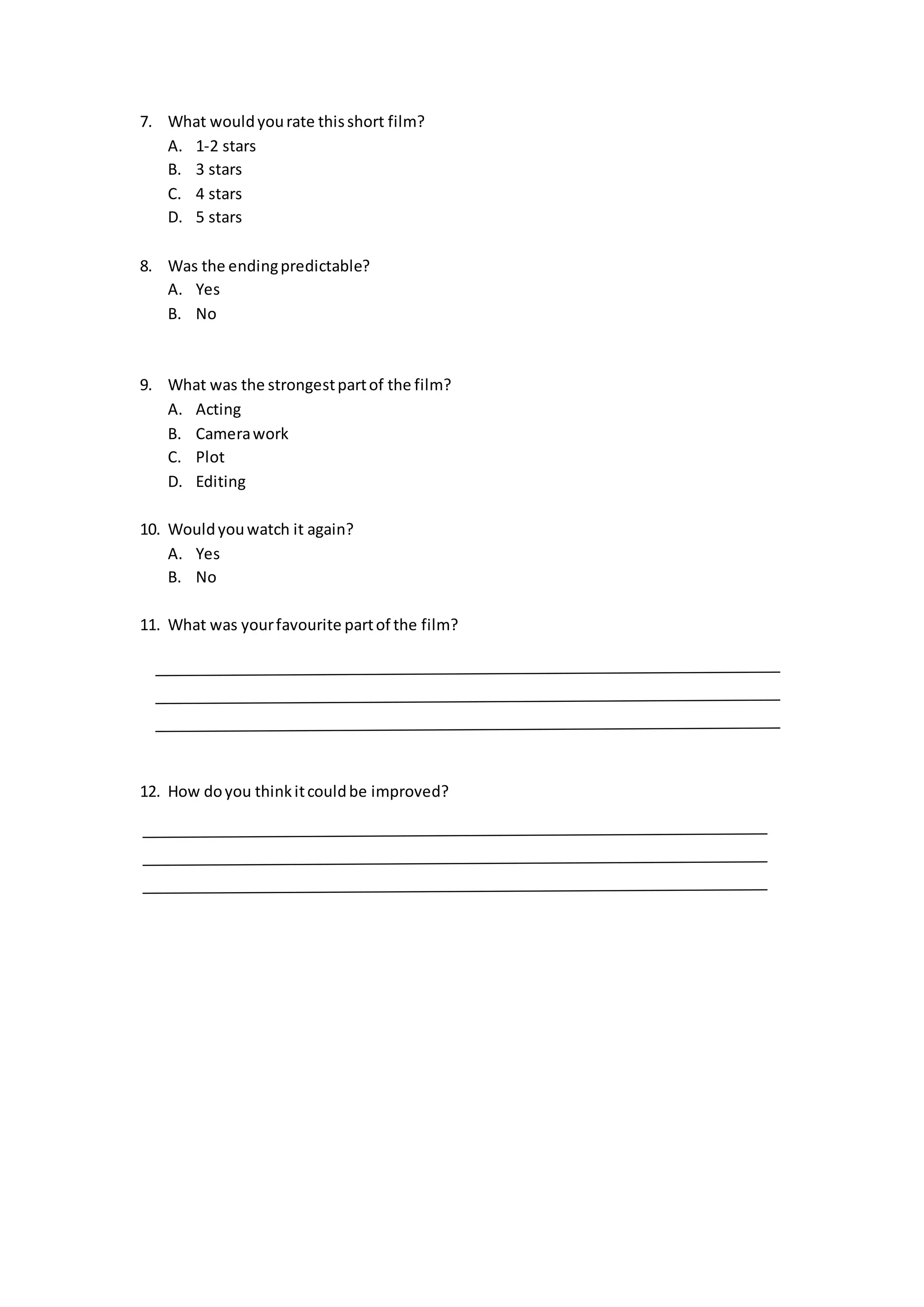 Short film questionnaire | DOCX