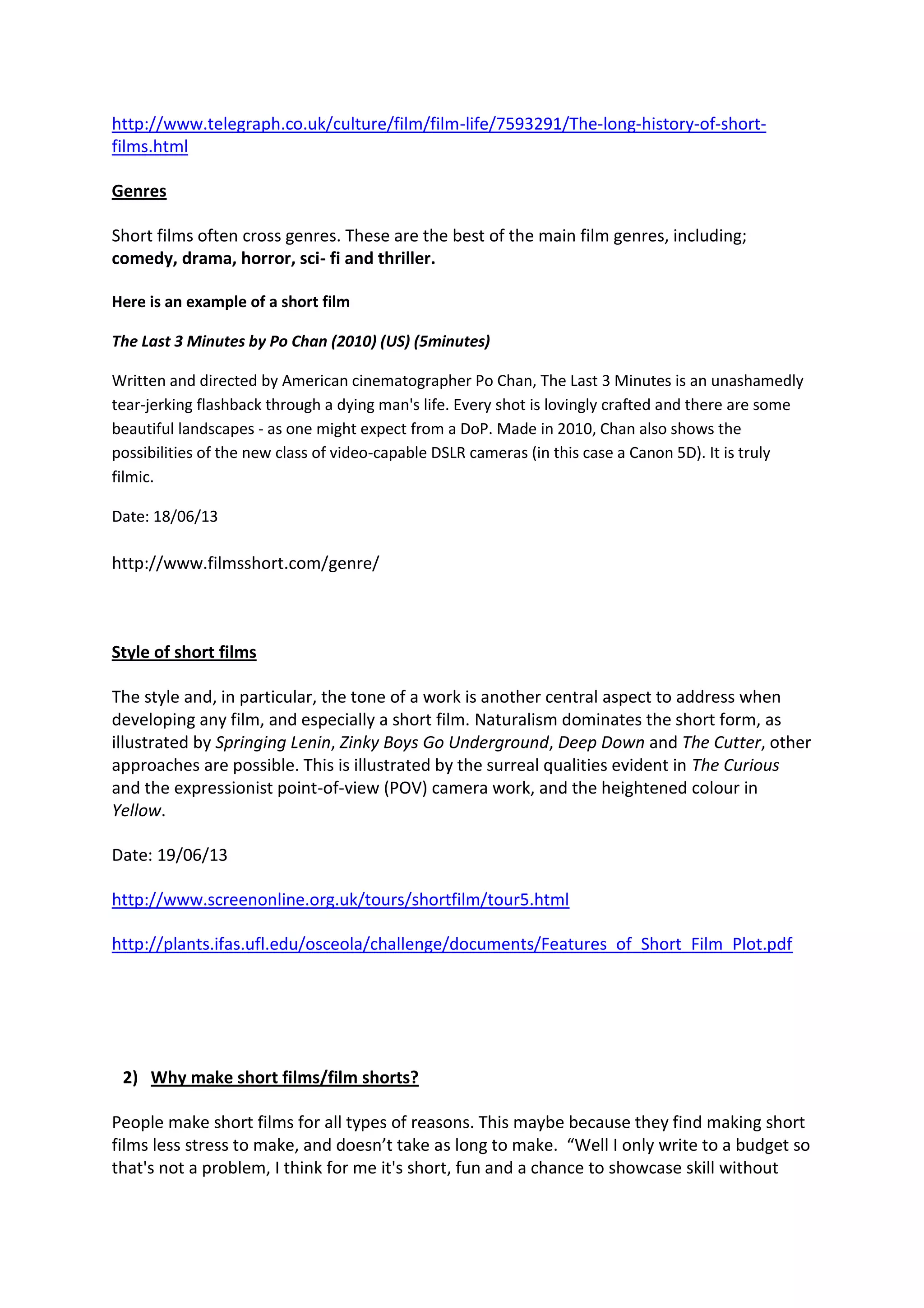 Short film research | DOCX