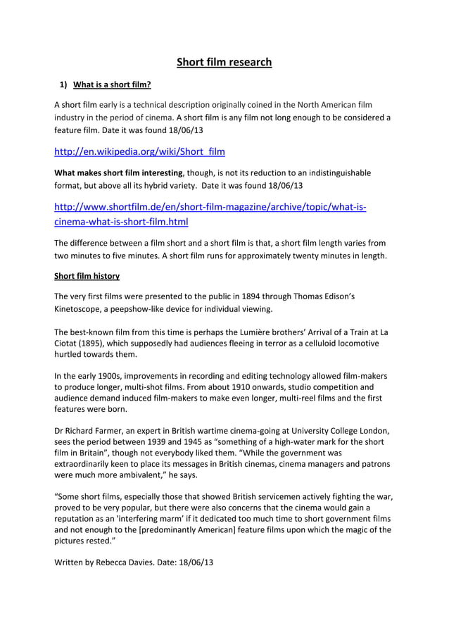 Short film research | DOCX | Video Production | Content Production