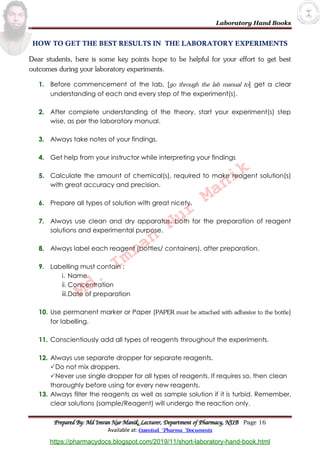 Short Laboratory Hand Book-MANIK | PDF