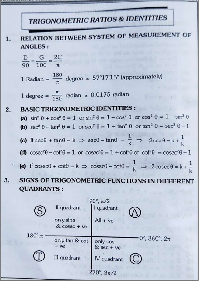 Short Notes for Trigonometric ratios and identities with formula and ...