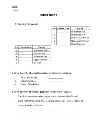 Short quiz 2 Chemistry | PDF