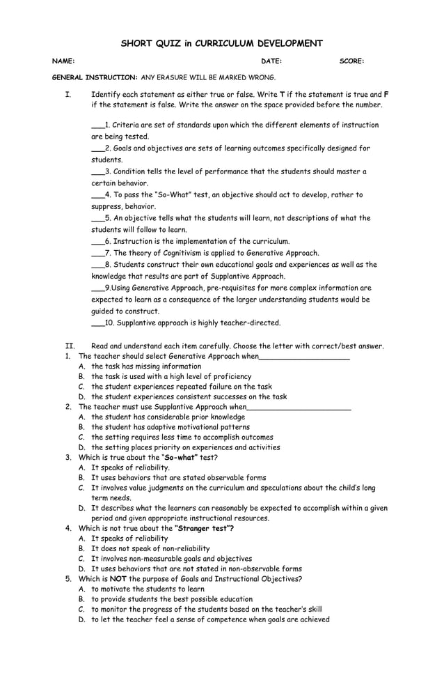 Short quiz in curriculum development | PDF