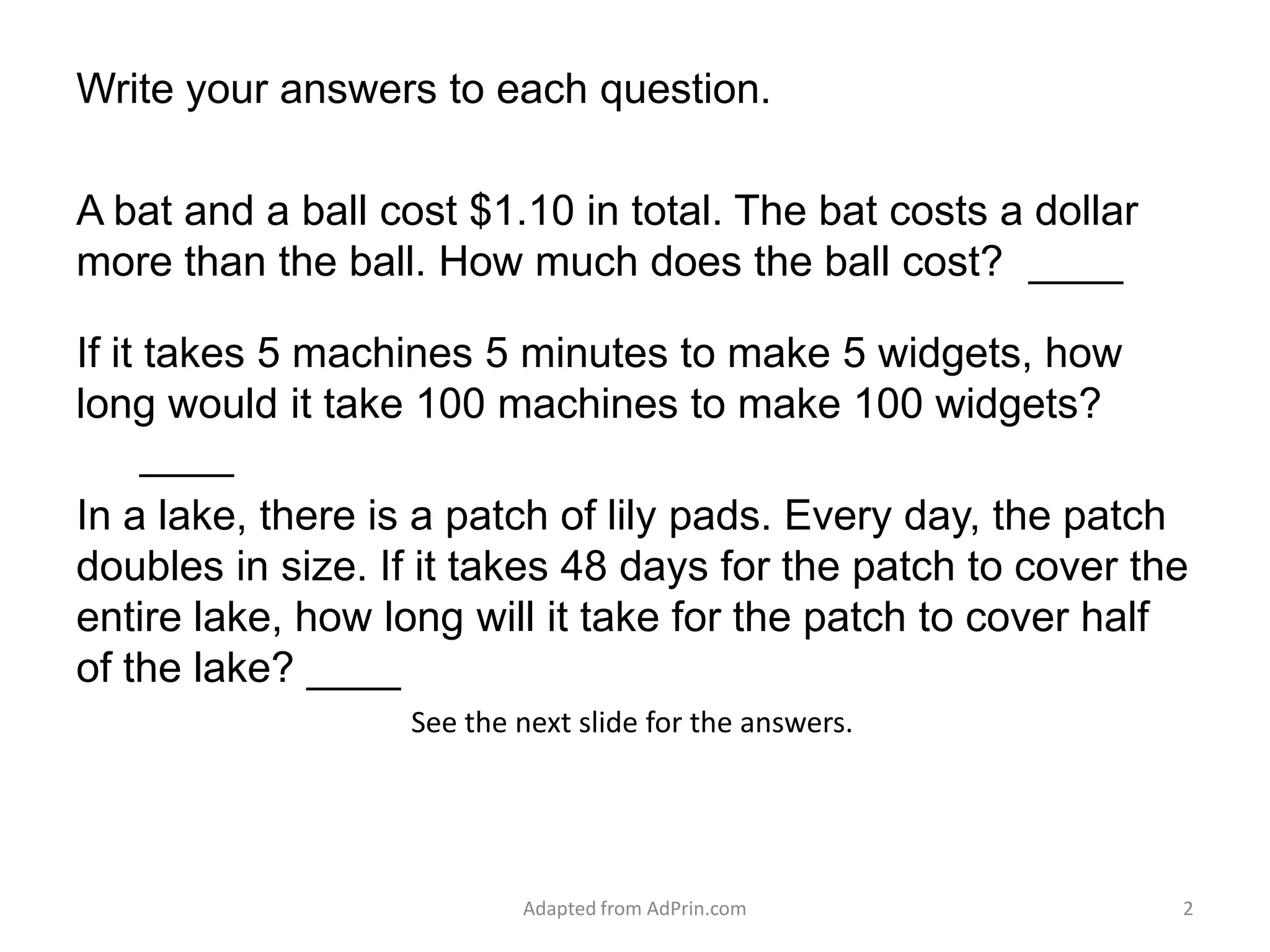 Short quiz on problem solving: bat & ball | PPTX