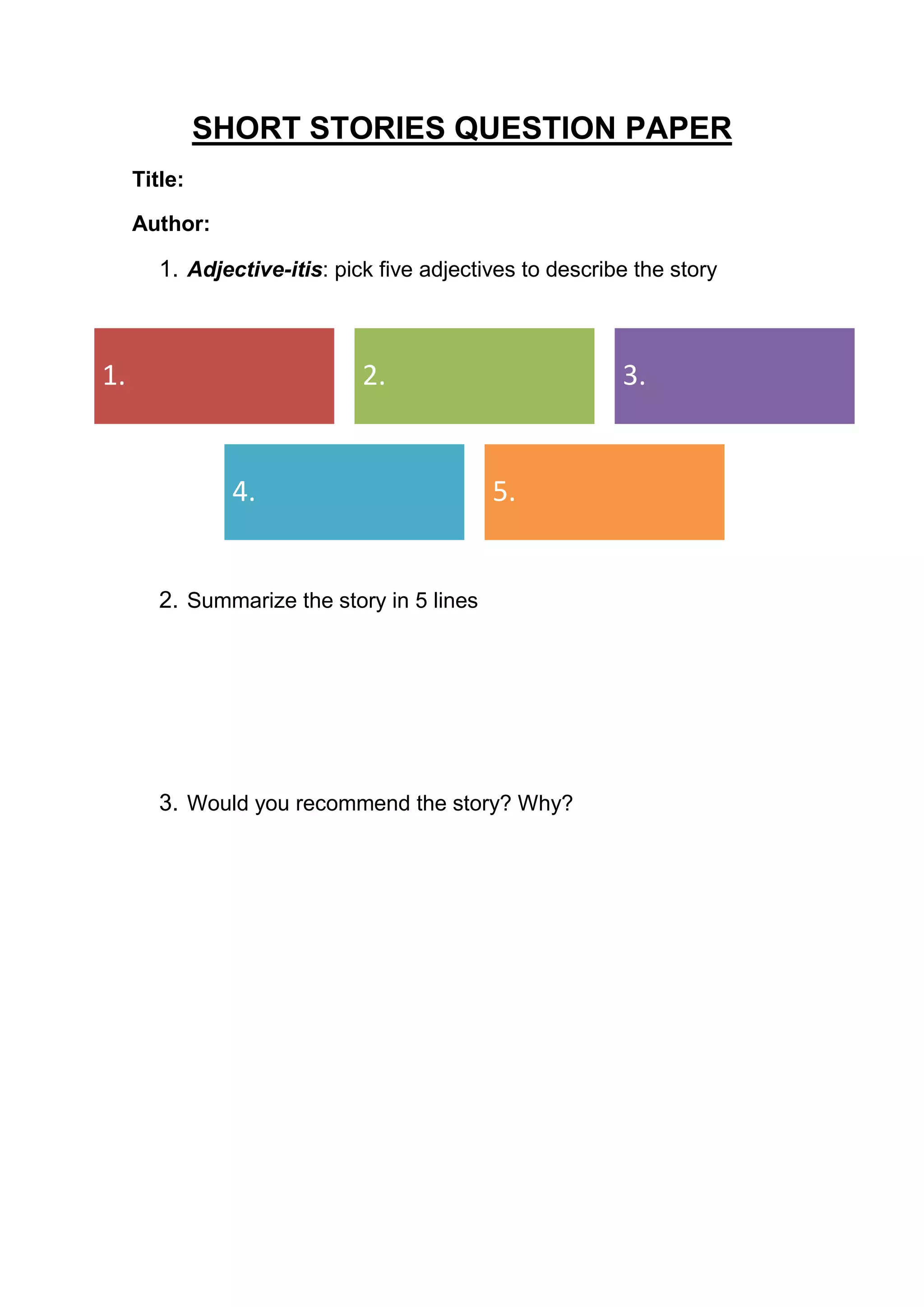 Short stories question paper | DOCX