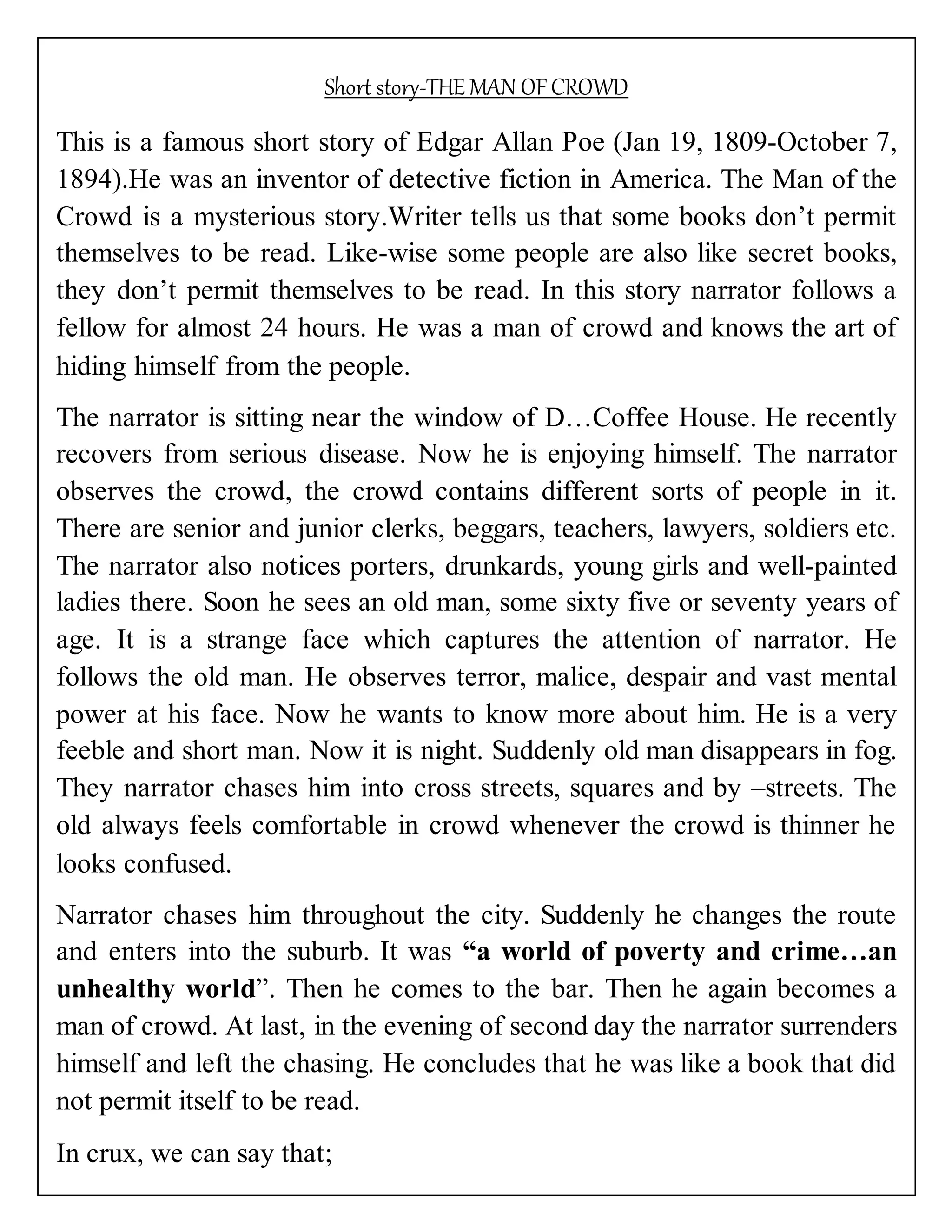 A MAN OF CROWD-SHORT STORY | DOCX