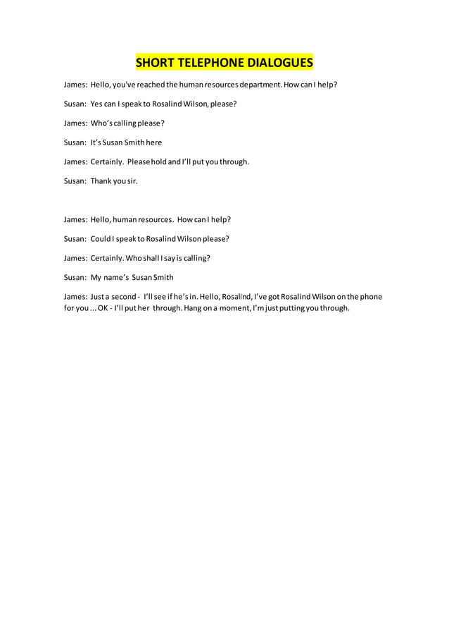 Short telephone dialogues | DOCX | Telecommunications Industry | Industries