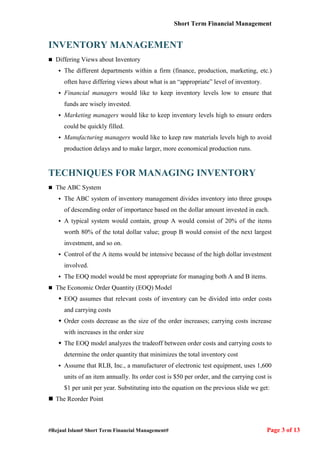 Short term financial management notes | PDF