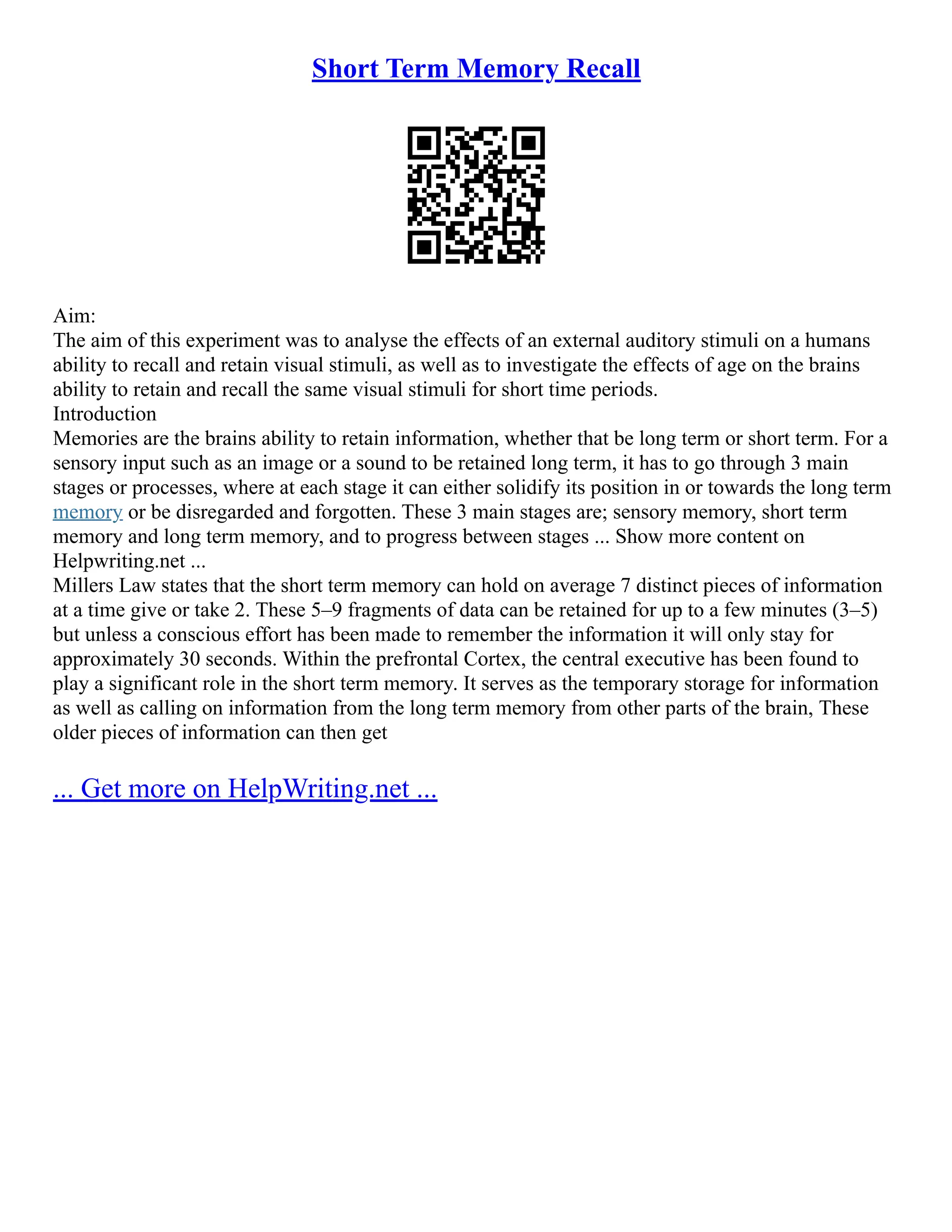 Short Term Memory Recall | PDF