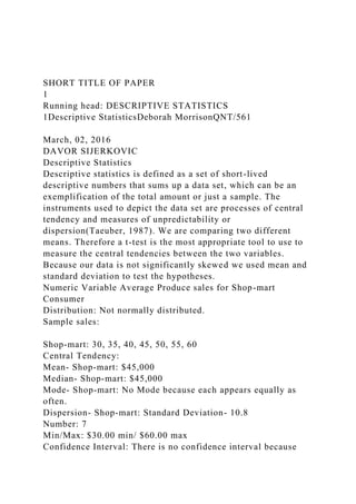 SHORT TITLE OF PAPER1Running head DESCRIPTIVE STATISTICS1.docx