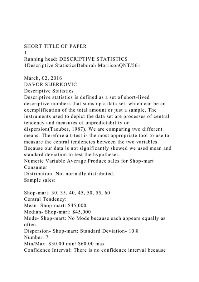 SHORT TITLE OF PAPER1Running head DESCRIPTIVE STATISTICS1.docx