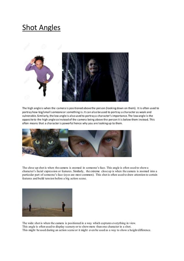 Shot angles | DOCX | Photography | Arts and Crafts