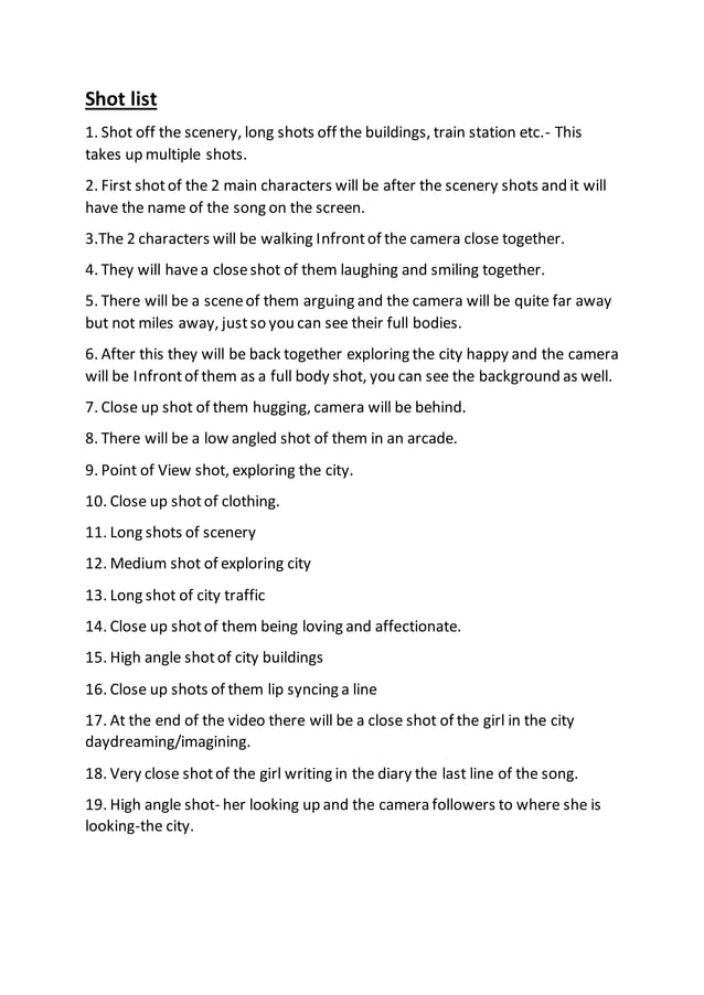 Shot list | DOCX | Photography | Arts and Crafts