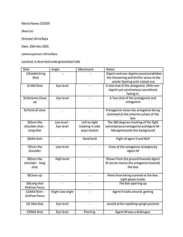 Shot list of the movie - CODEX | PDF