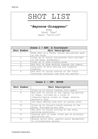 First draft shot list | PDF