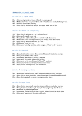 Shot list for our music video | DOCX