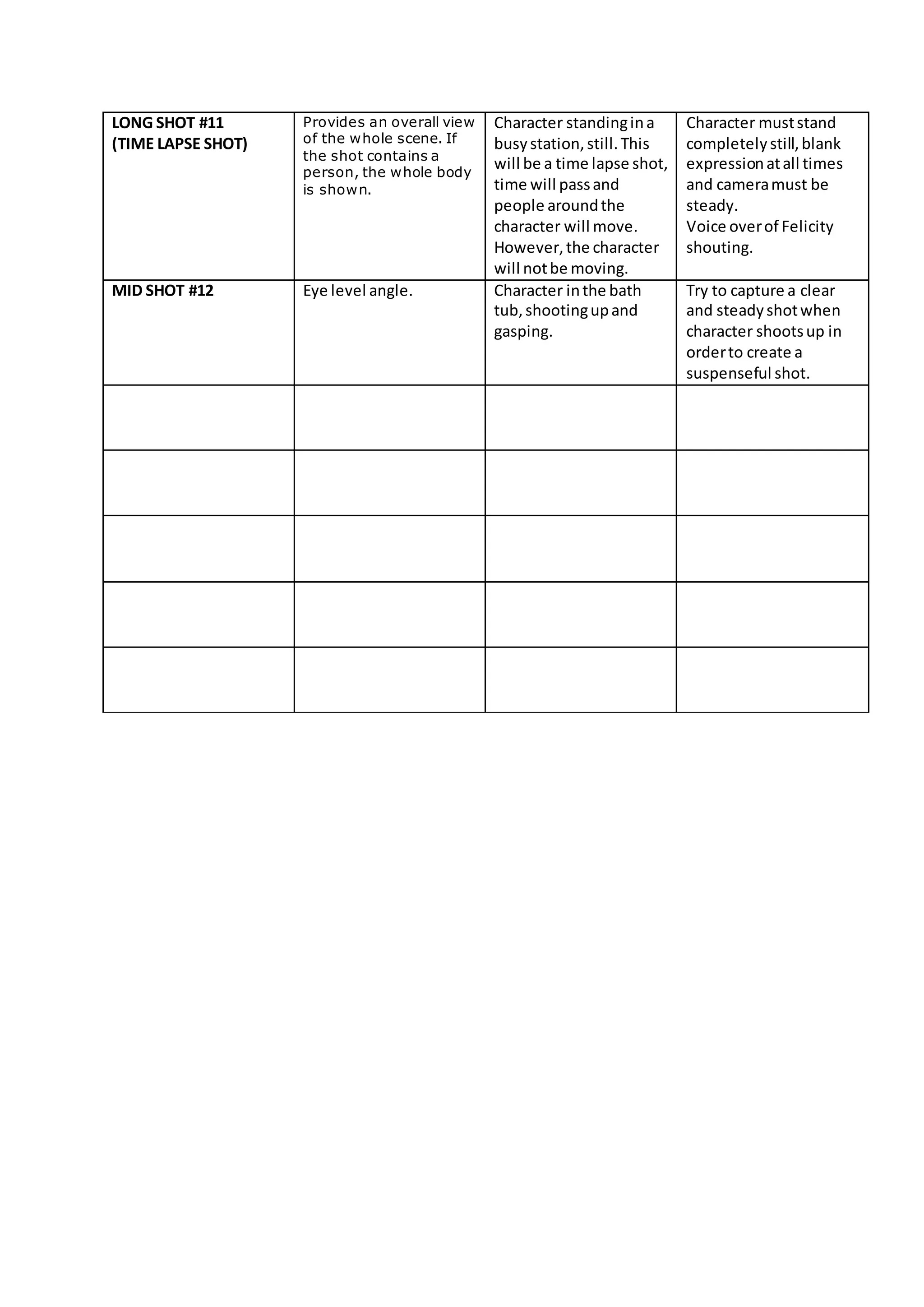 Shot list | DOCX | Photography | Arts and Crafts