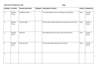 Shotlist template. | DOCX