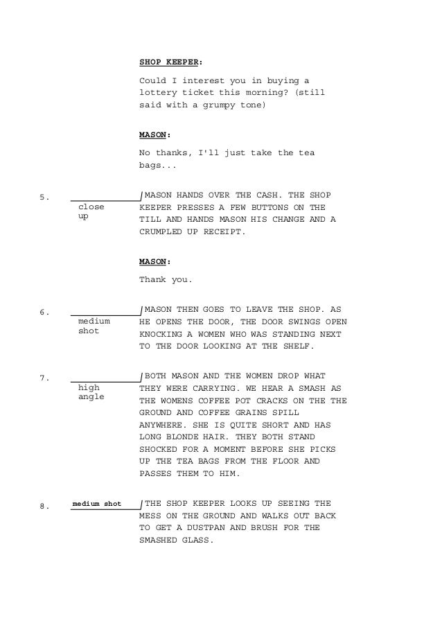 Shots in screenplay