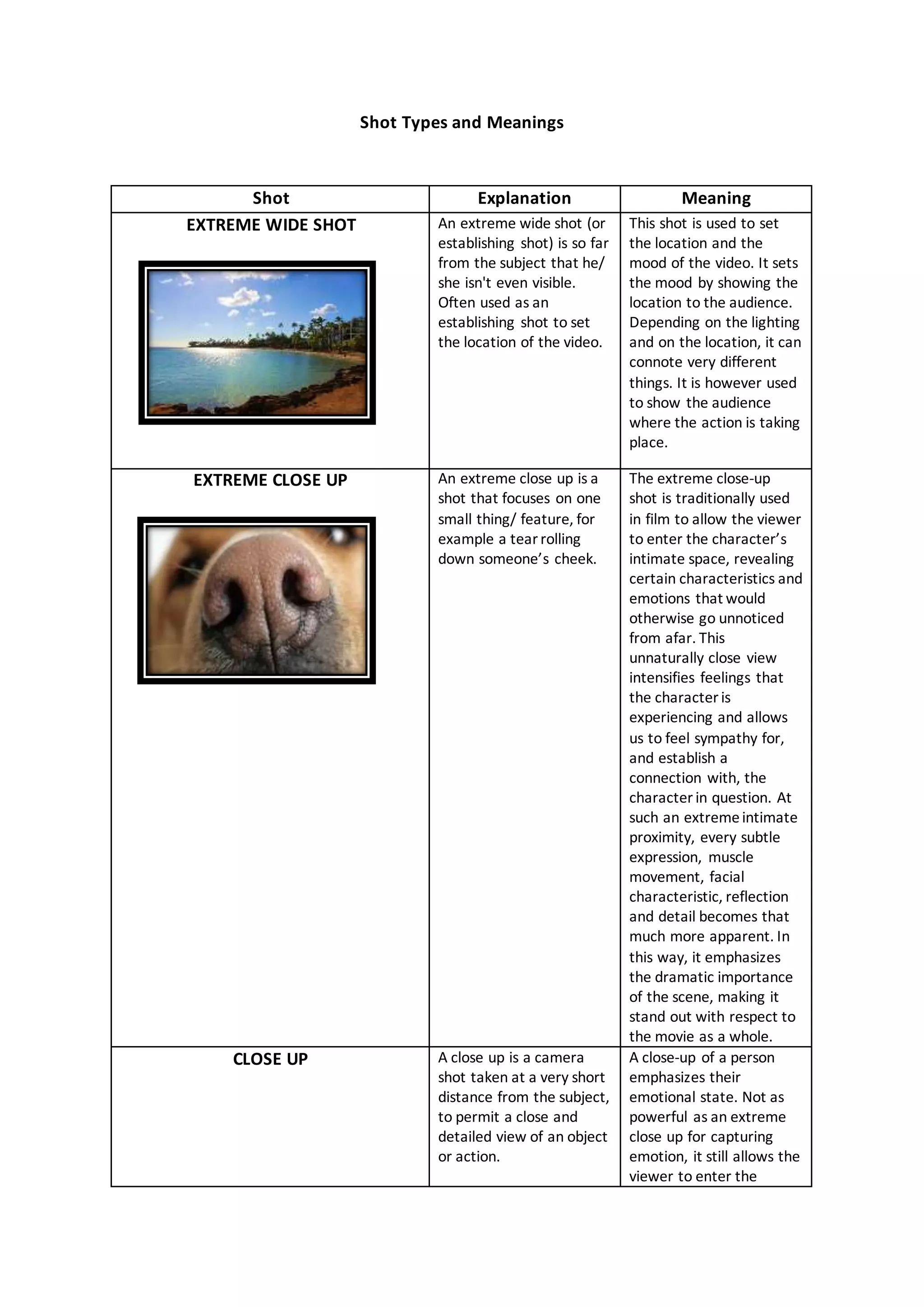 Shot types and meanings | DOCX