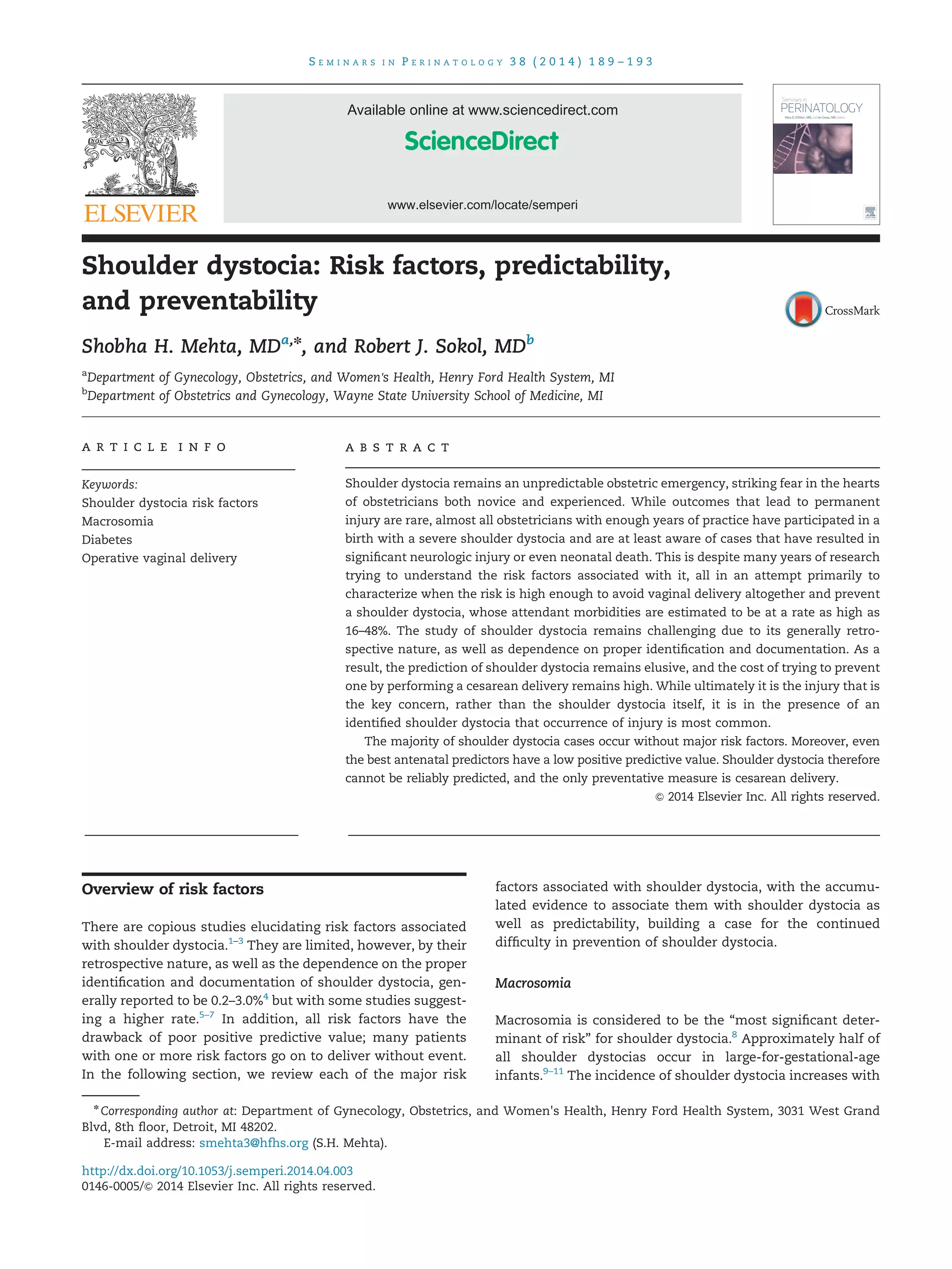 Shoulder dystocia risk factors, predictability | PDF