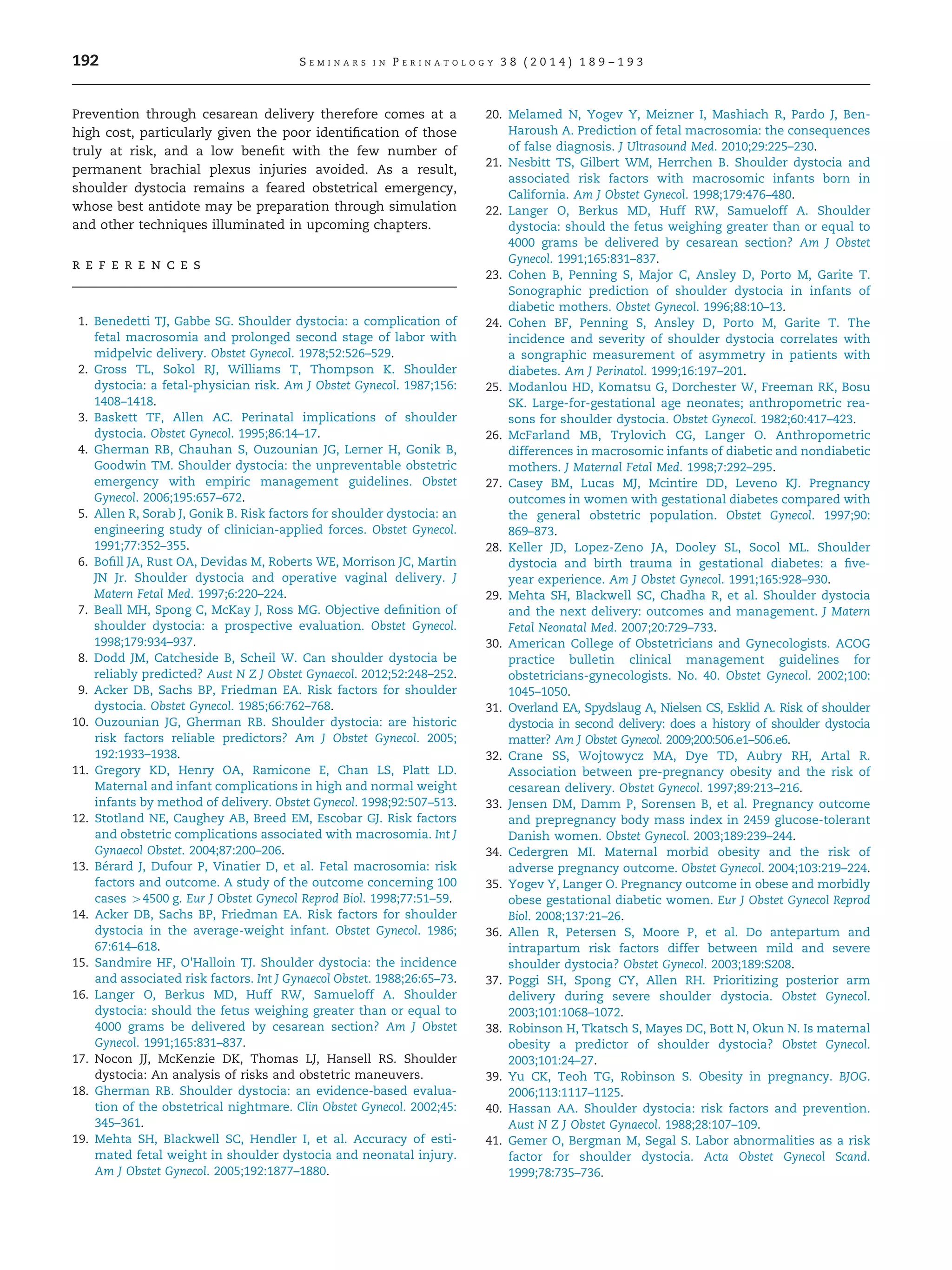 Shoulder dystocia risk factors, predictability | PDF