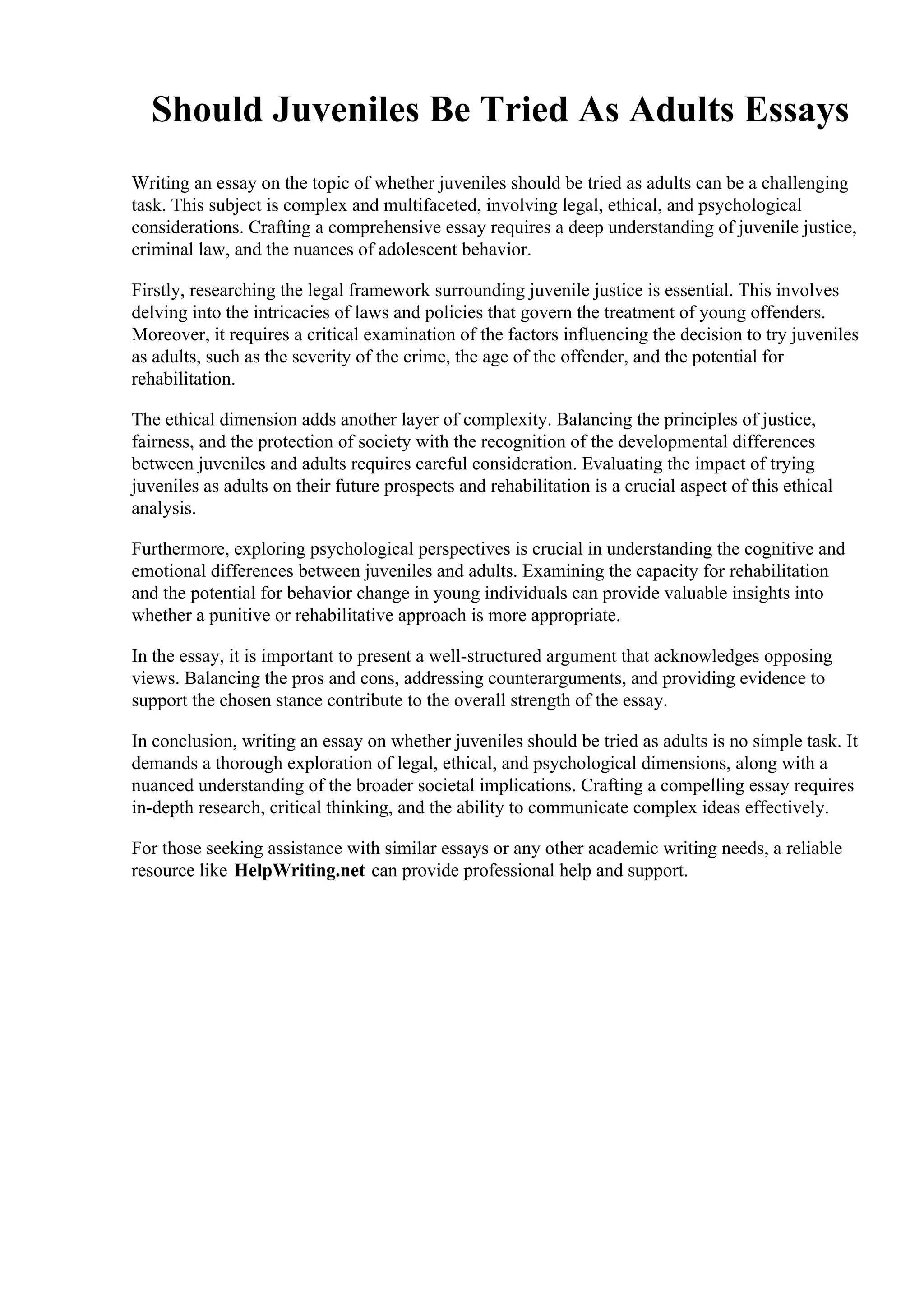 Should Juveniles Be Tried As Adults Essays | PDF