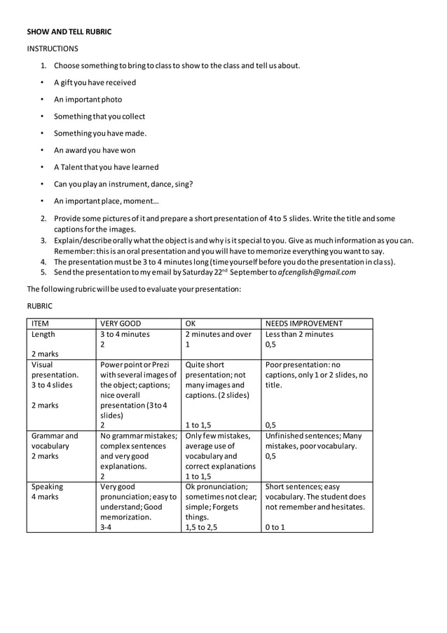 Show and tell rubric | DOCX