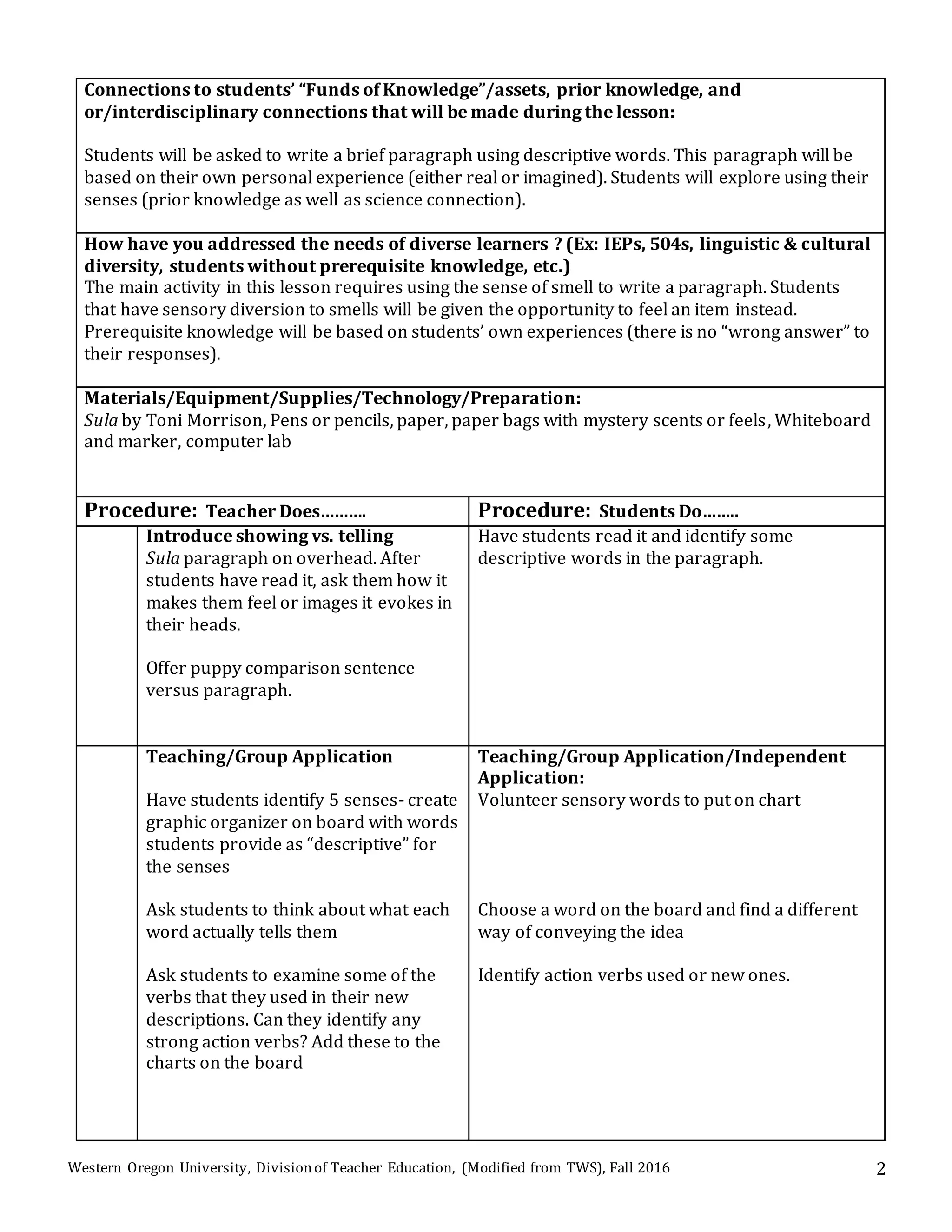 Showing vs telling mini lesson | PDF