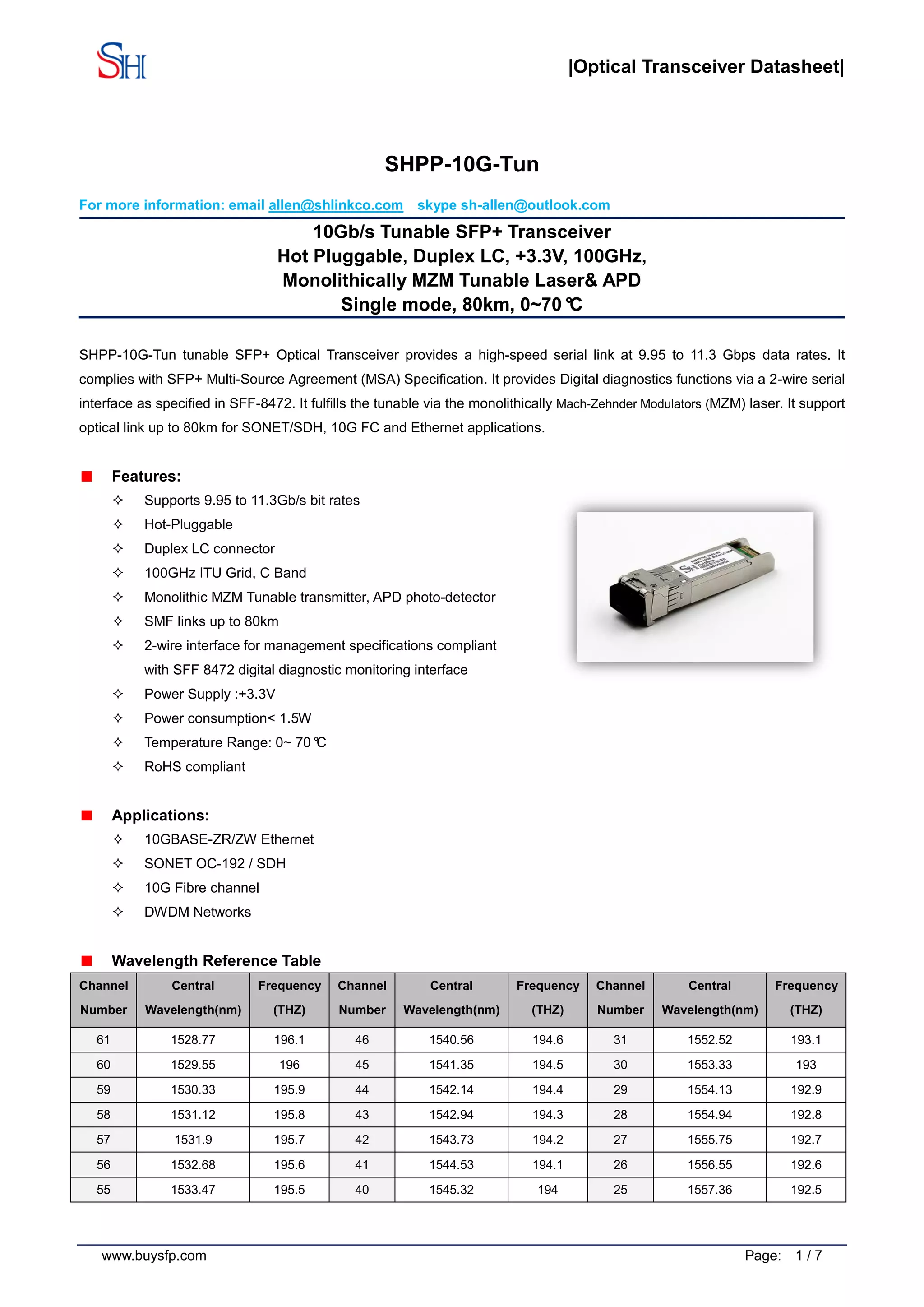 10Gb/s Tunable SFP+ Transceiver Hot Pluggable, Duplex LC, +3.3V, 100GHz ...