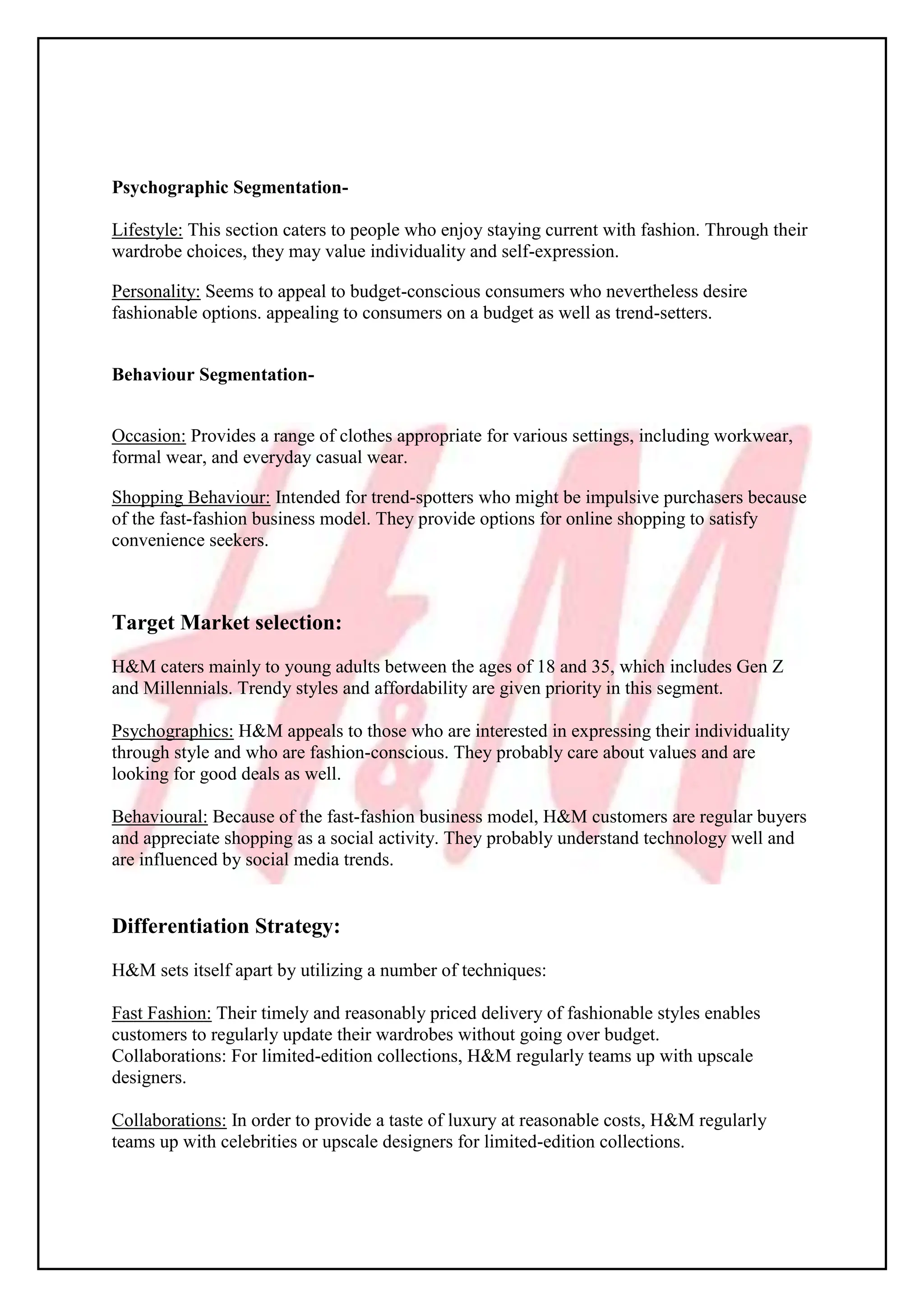 Consumer Behavior Analysis of H&M’s Fast Fashion Segment | DOCX