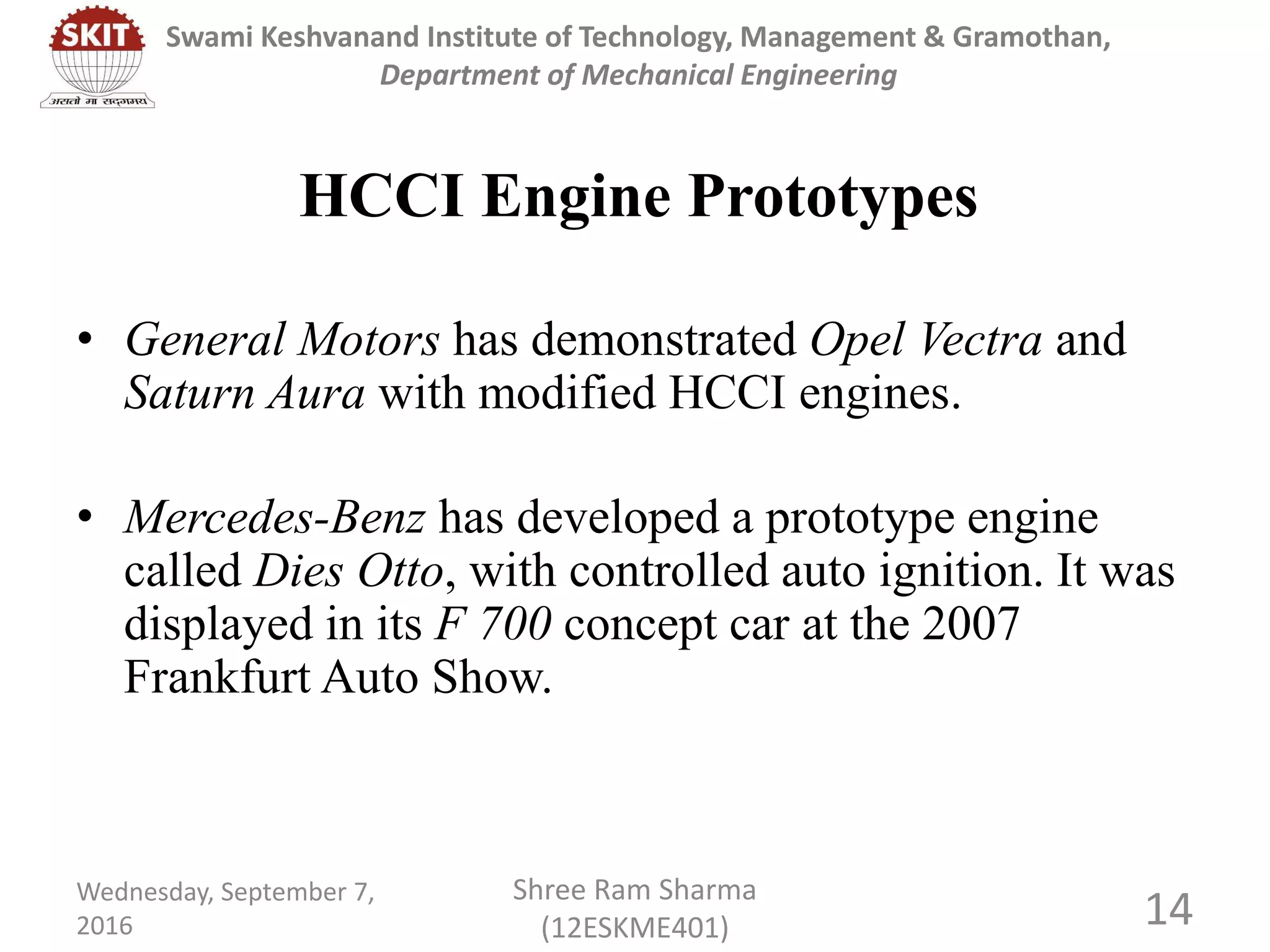 Homogeneous Charged Compression Ignition Engine (HCCI Engine) | PPTX