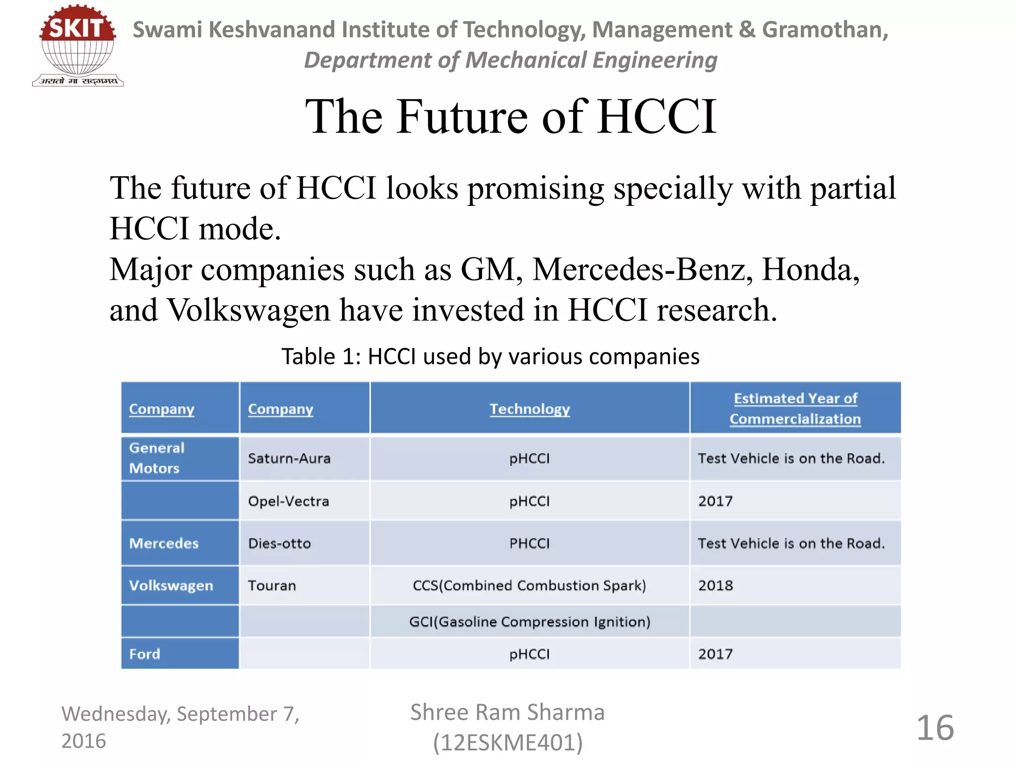 Homogeneous Charged Compression Ignition Engine (HCCI Engine) | PPTX