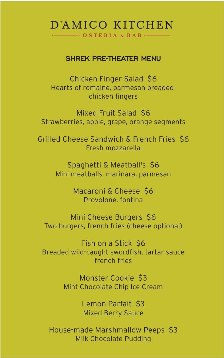 D'Amico Kitchen Special Shrek Menu