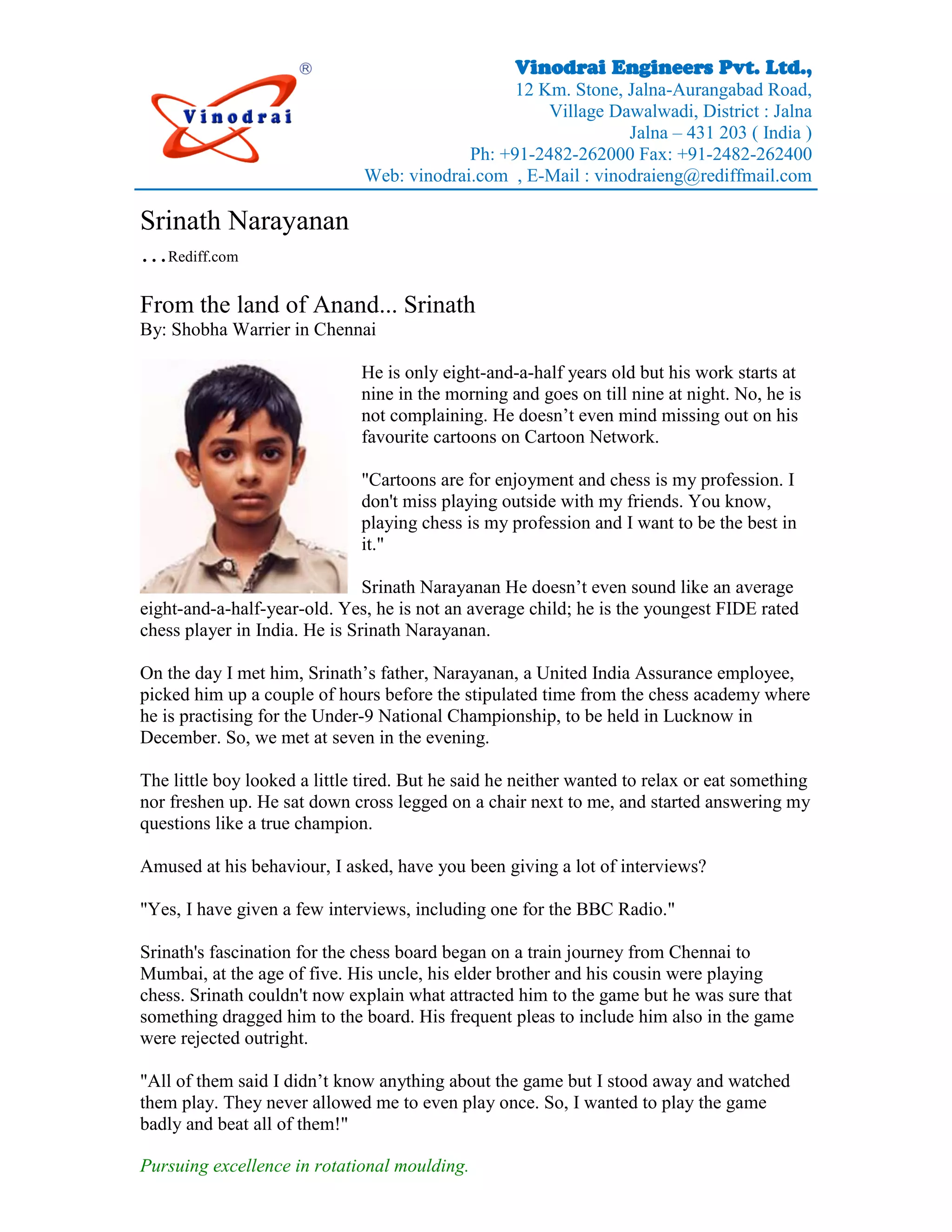 Shrinath a young chess champion | PDF