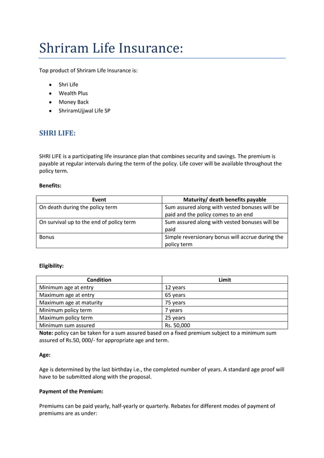 Shriram Life Insurance | DOCX | Life Insurance | Insurance