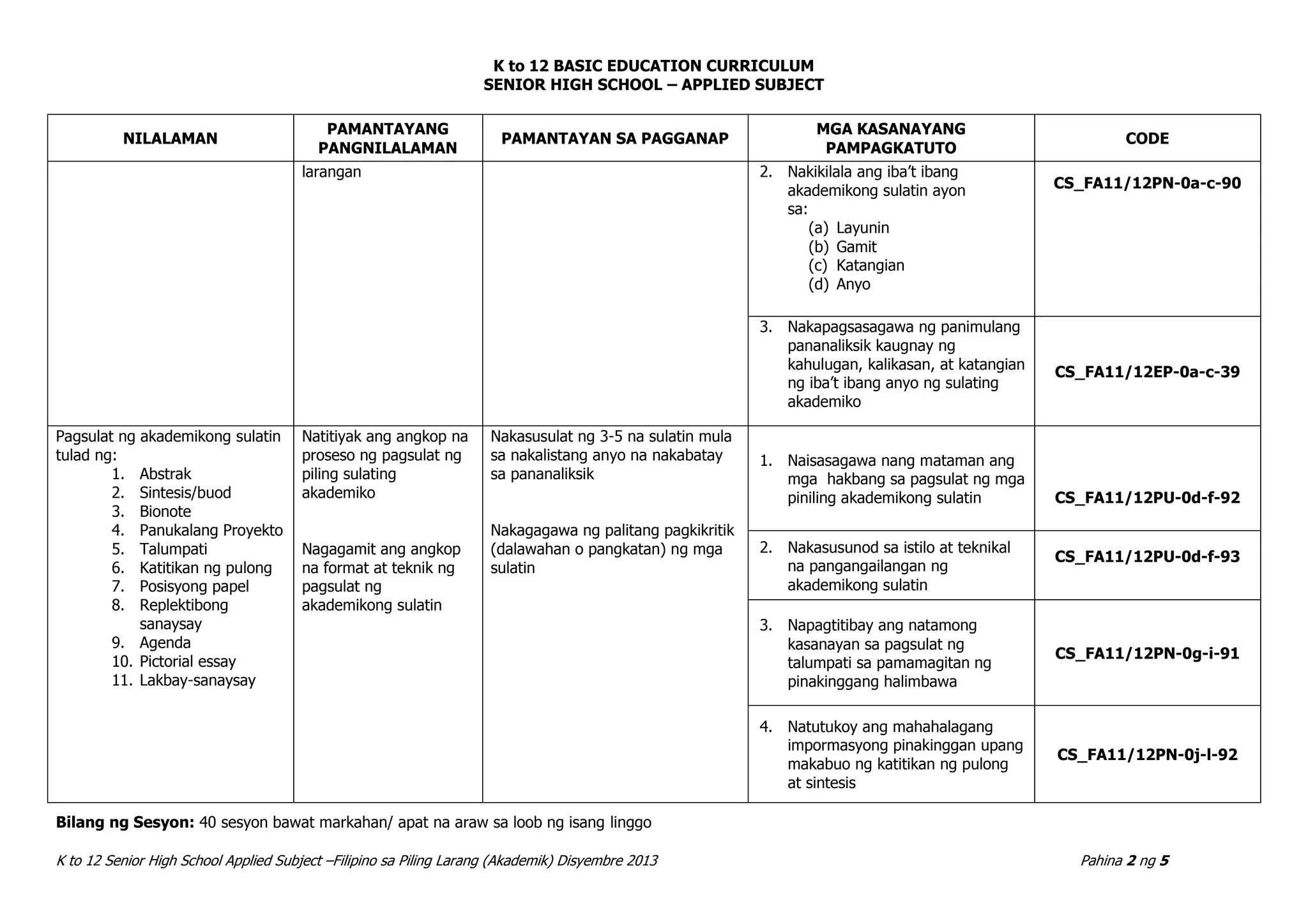SHS APPLIED Filipino Akademik CG | PDF