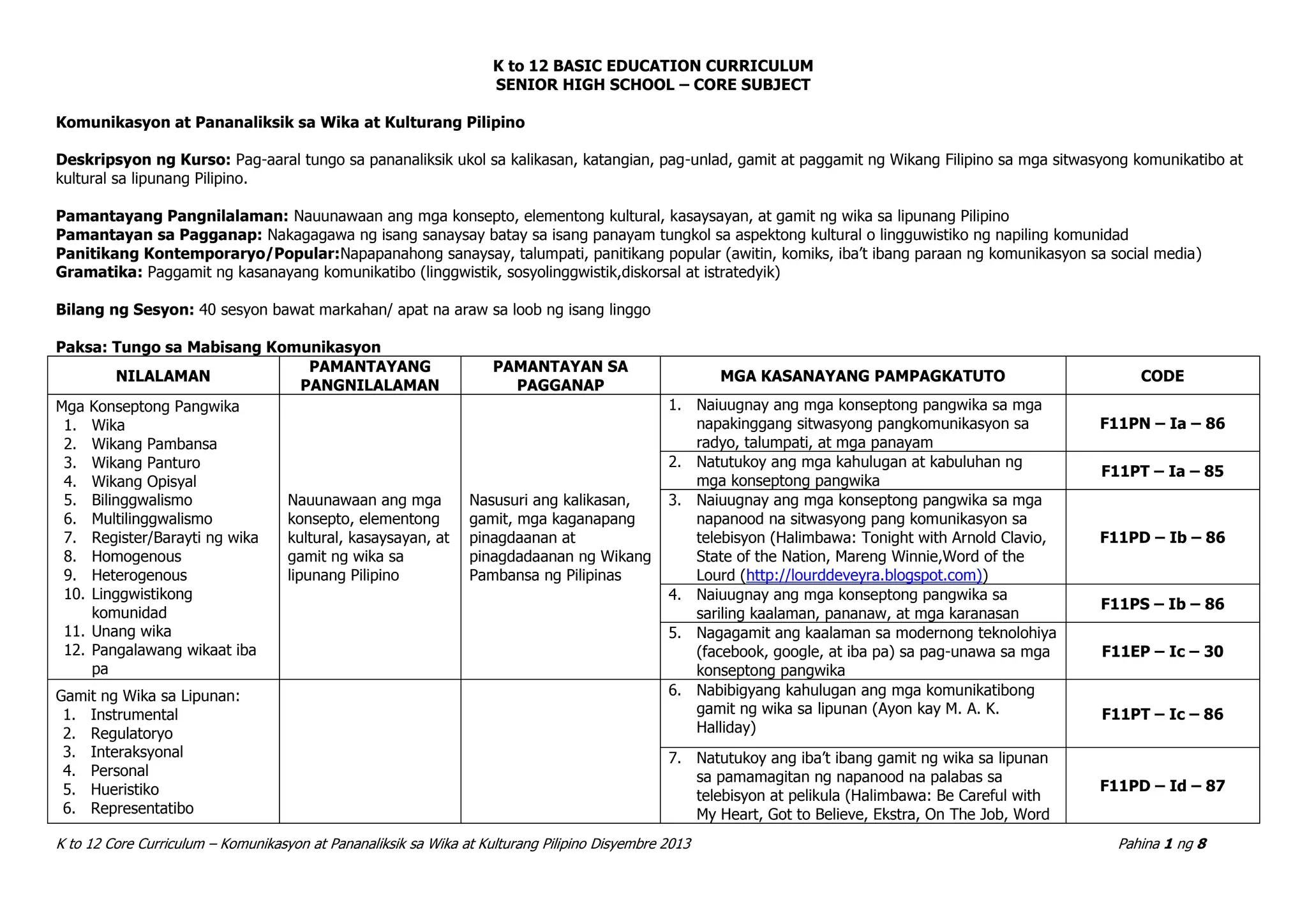 SHS CORE Komunikasyon at Pananaliksik sa Wika at Kulturang Pilipino CG | PDF