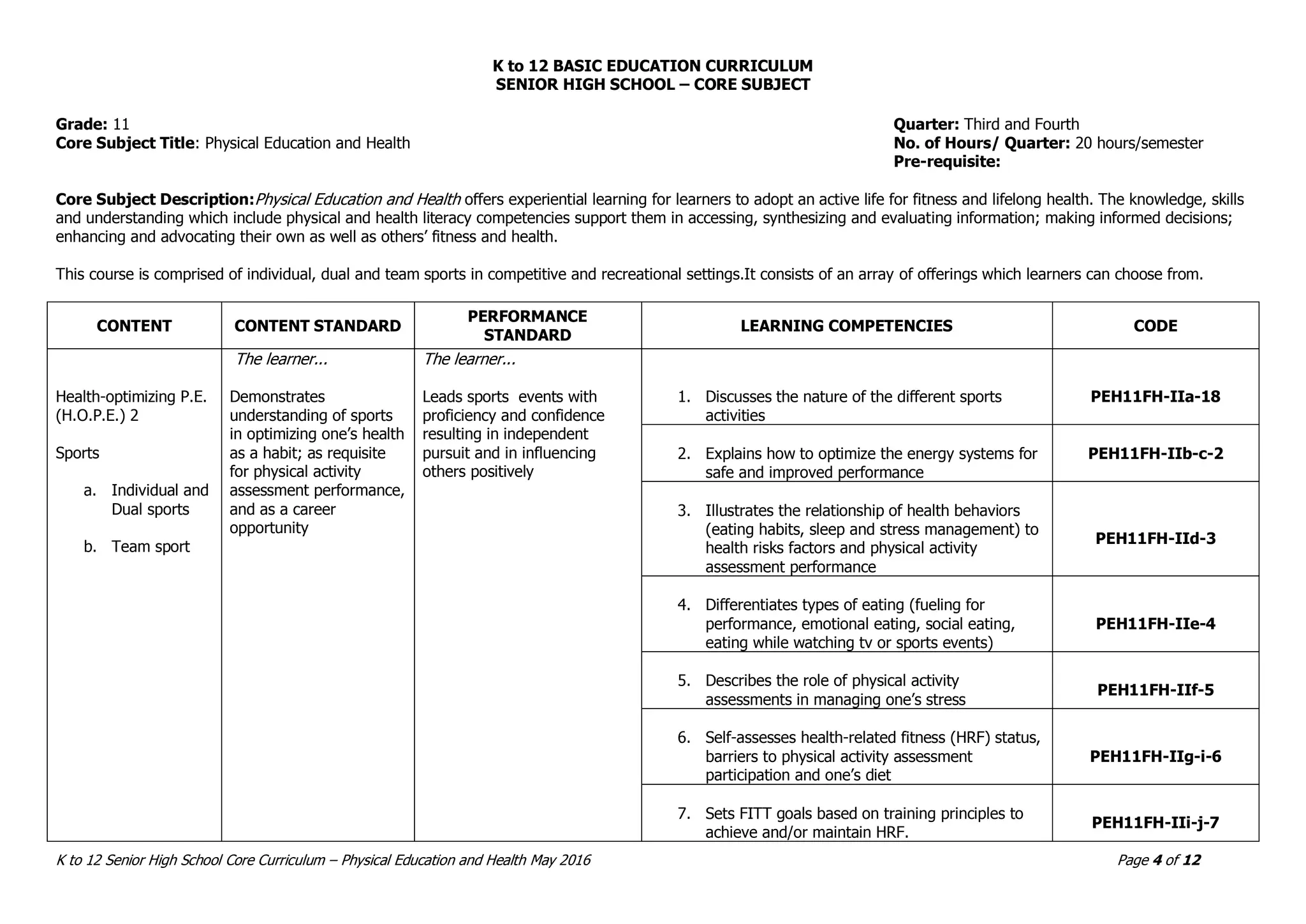 Physical Education and Health 11 and 12 Curriculum Guide | PDF