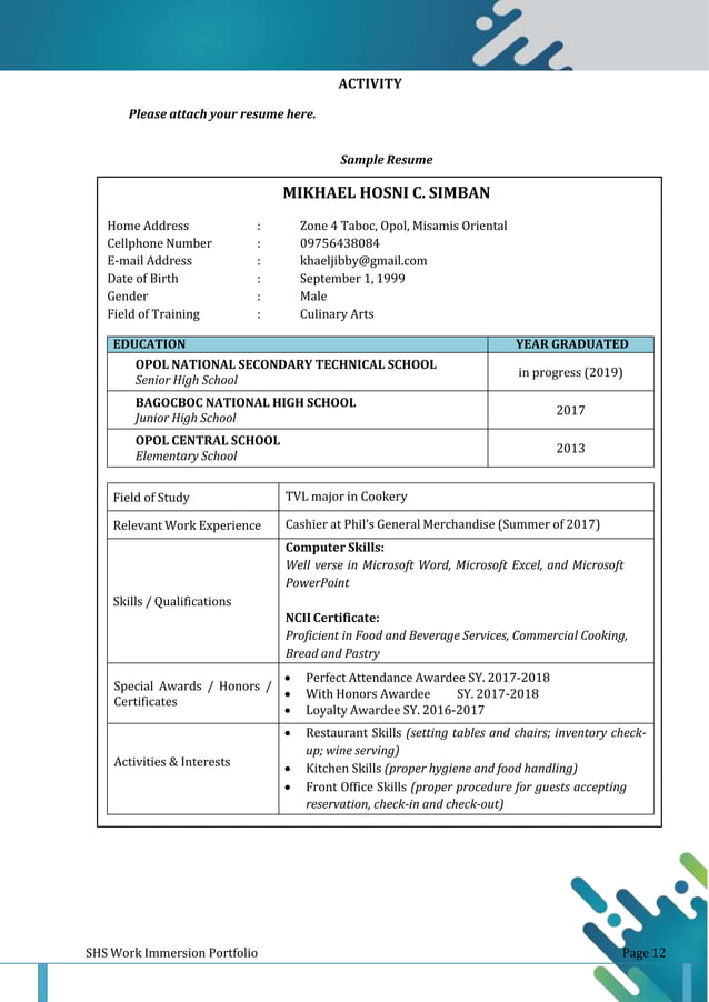 SHS-Work-Immersion-Portfolio-Final.docx | Resume Writing and Advice | Job Search