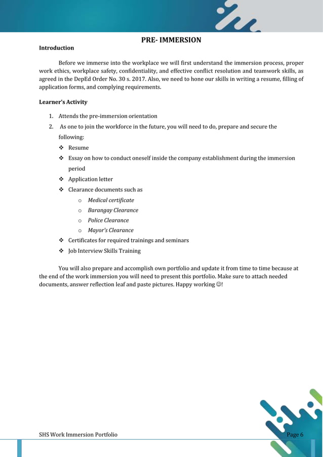 SHS-Work-Immersion-Portfolio-Final.docx | Resume Writing and Advice | Job Search