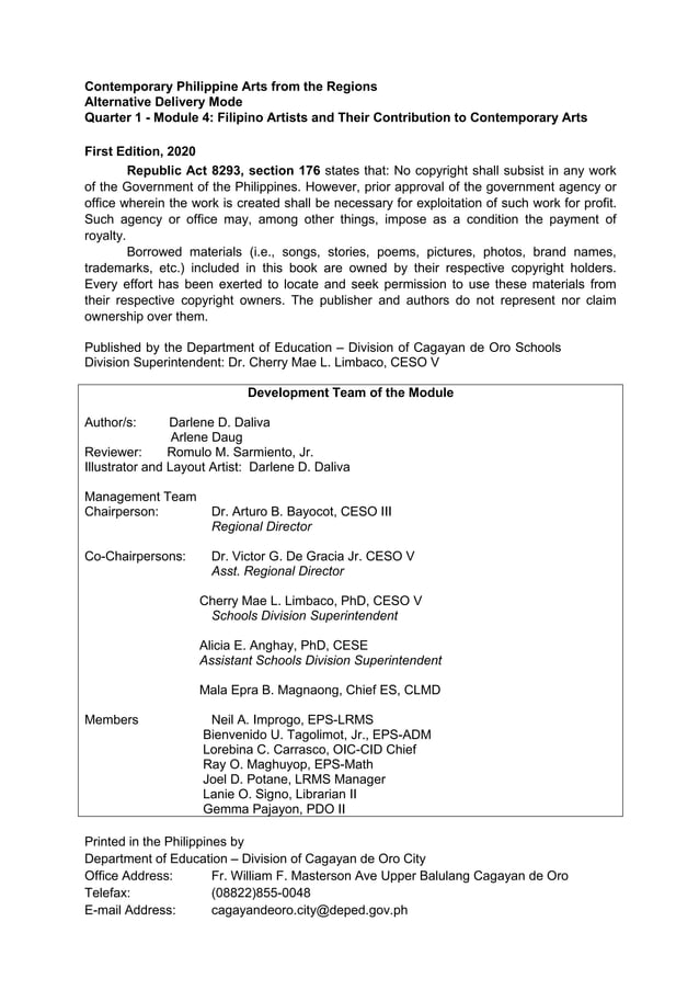 SHS12_CPAR_Q1_Mod4_Contemporary Philippine Arts from the Regions Filipino Artists and Their ...