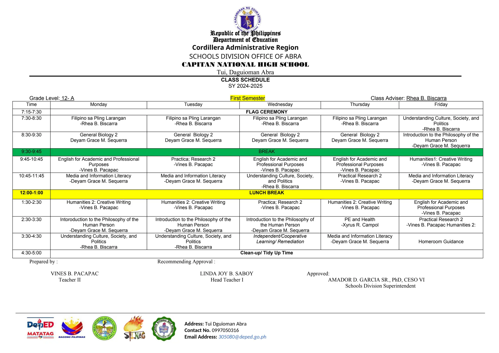 Senior High School Sample CLASS SCHEDULE_055355.docx | Education