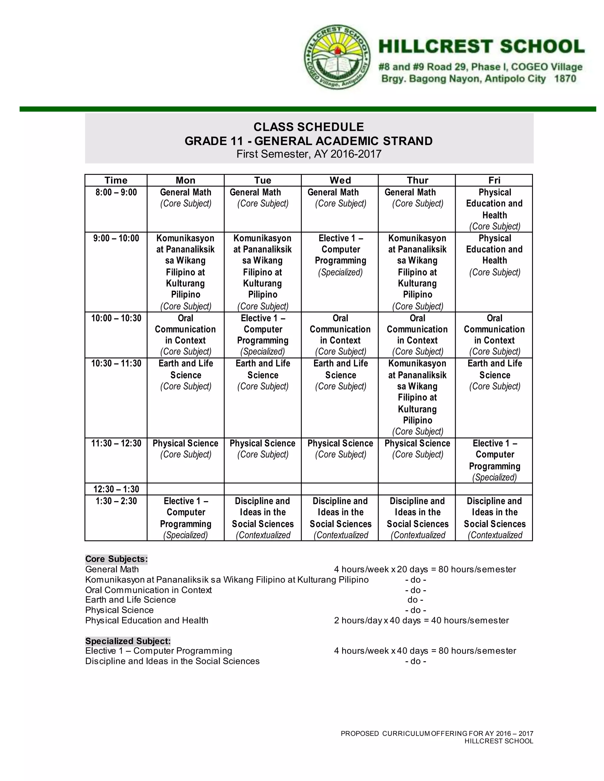 SHS Curriculum Offerings | DOCX