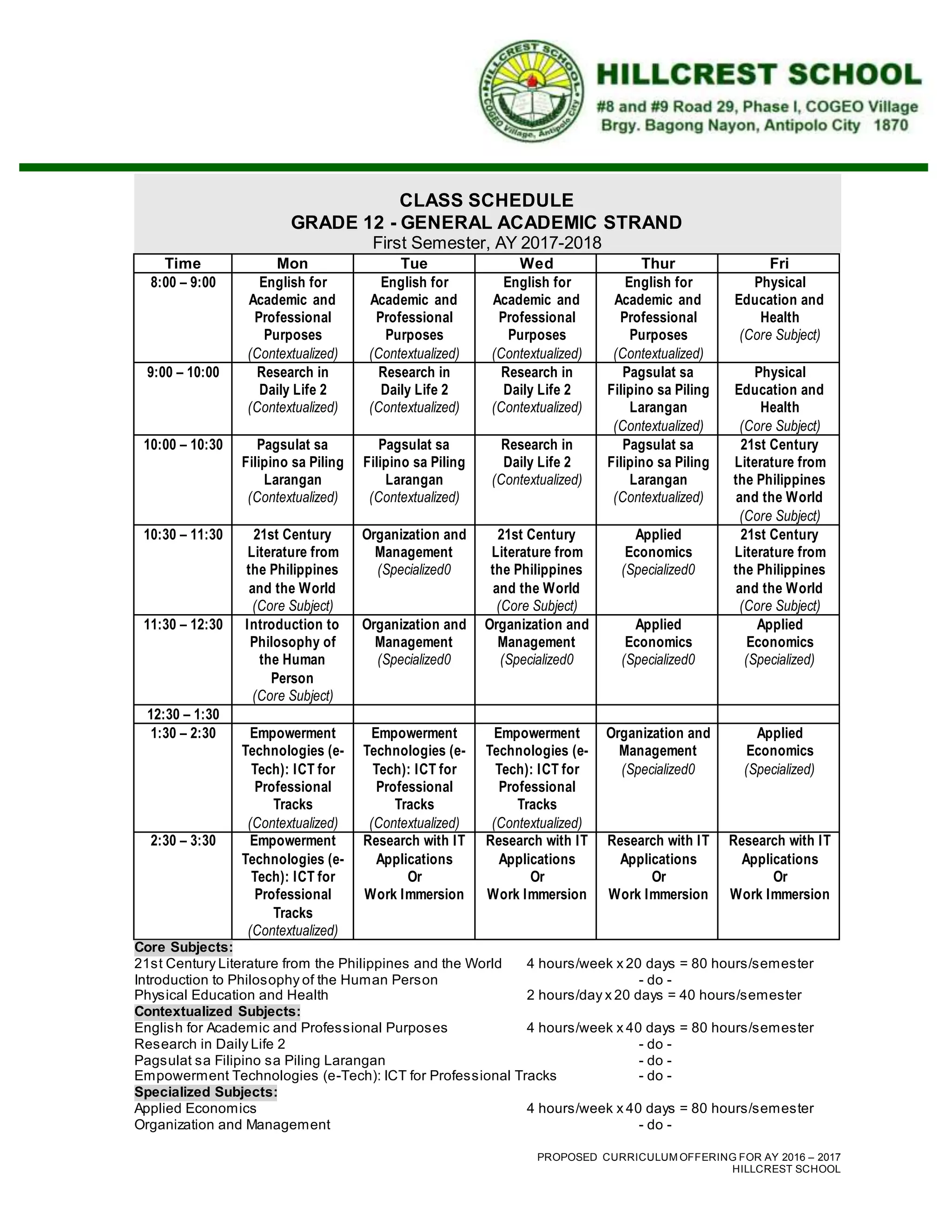 SHS Curriculum Offerings | DOCX