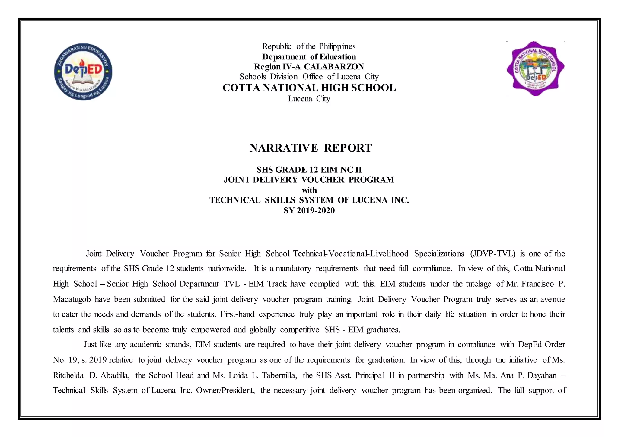 SHS_JDVP_BEST_PRACTICES_2019 - Narrative Report - Mam Itchel.docx