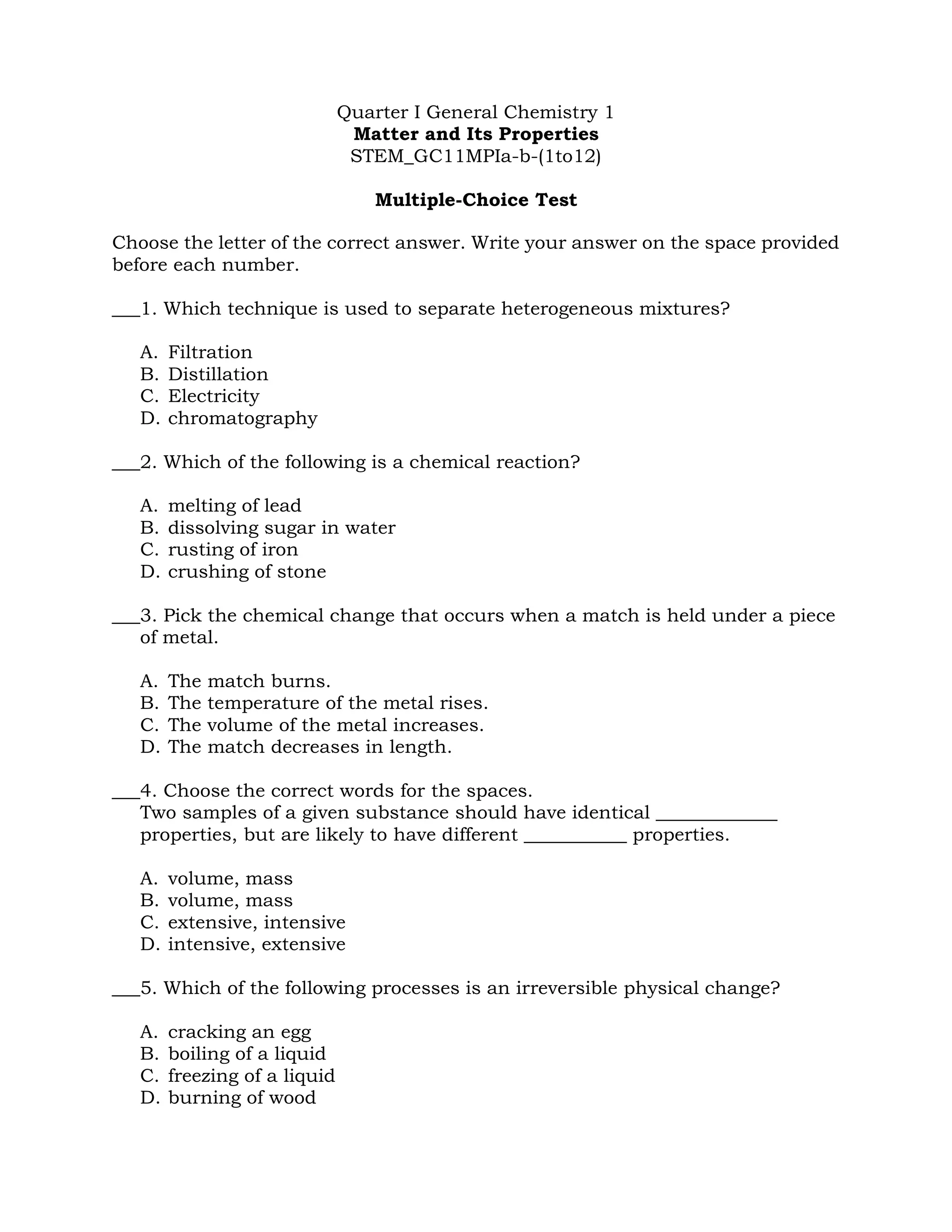 SHS STEM General Chemistry MCT 1. Matter and Its Properties | PDF