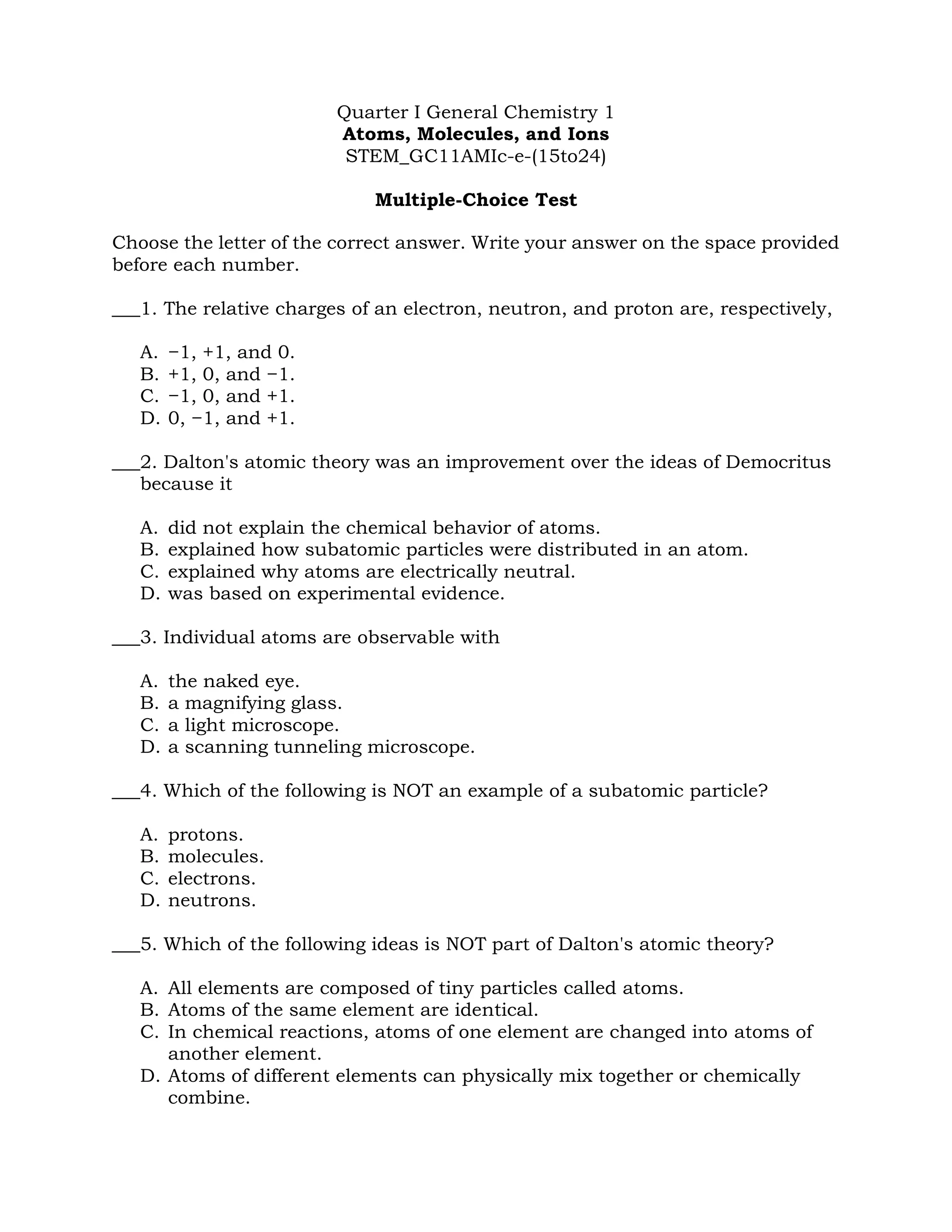 SHS STEM General Chemistry MCT 3. Atoms, Molecules, and Ions | PDF