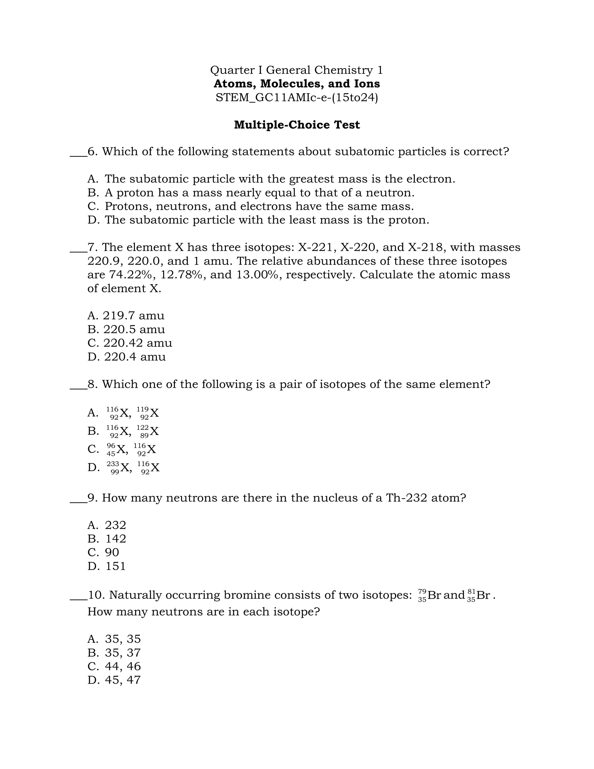SHS STEM General Chemistry MCT 3. Atoms, Molecules, and Ions | PDF